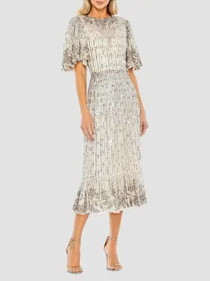 Mac Duggal Flounce Sleeve Midi-dress Silver