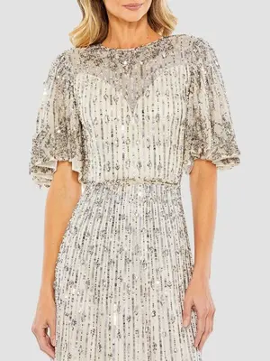 Mac Duggal Flounce Sleeve Midi-dress - Silver