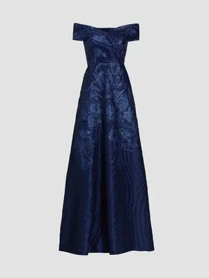 Rickie Freeman For Teri Jon Metallic Floral Off-the-shoulder Gown