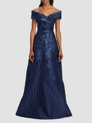 Rickie Freeman For Teri Jon Metallic Floral Off-the-shoulder Gown