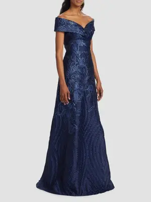 Rickie Freeman For Teri Jon Metallic Floral Off-the-shoulder Gown