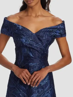 Rickie Freeman For Teri Jon Metallic Floral Off-the-shoulder Gown