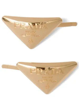 Prada White Enamel and Gold Triangle Logo Hair Clips (Pair) Prada triangle-logo Claw Clip | Gold | FARFETCH main image 4
