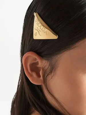 Prada Triangle-Logo Hair Clips - Gold | Editorialist