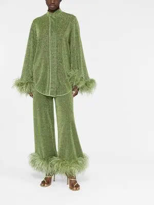 Oseree Feather-trim Metallic Shirt - Green