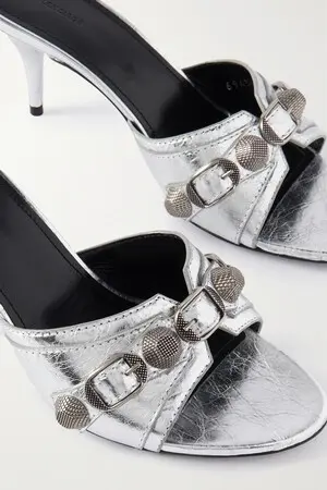 Balenciaga Cagole Metallic Leather Mules - Silver