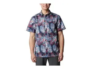 Columbia Super Slack Tidetm Camp Shirt Men's Short Sleeve Button Up Crushed Blue Ikat Palms Blue