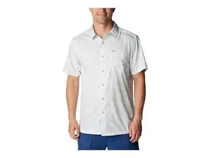 Columbia Super Slack Tidetm Camp Shirt Men's Short Sleeve Button Up Crushed Blue Ikat Palms White