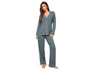 Eberjey Gisele Tenceltm Modal Long Pj Set Women's Pajama Sets Smokey Olive/ivory Blue