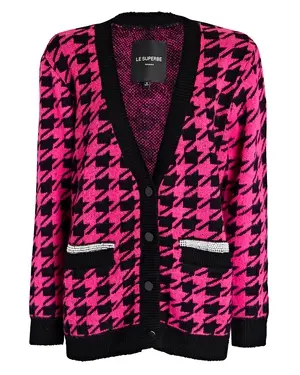 Le Superbe Uptown Girl Embellished Houndstooth Jacquard Cardigan - Pink