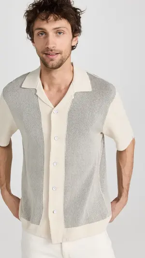 Rag & Bone Harvey Knit Camp Shirt - Ivory/black
