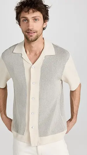 Rag & Bone Harvey Knit Camp Shirt - Ivory/black