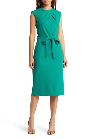 TAHARI ASL Cross Neck Tie Waist Sheath Dress - Dynasty Green