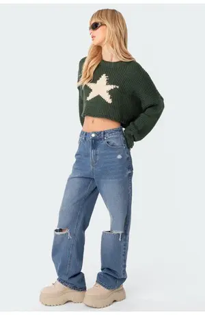 EDIKTED Mega Star Intarsia Crop Sweater - Green