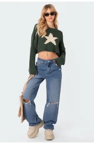 EDIKTED Mega Star Intarsia Crop Sweater - Green