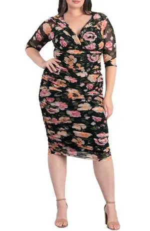 KIYONNA Betsey Ruched Elbow Sleeve Midi Bodycon Dress Black Blossom Print