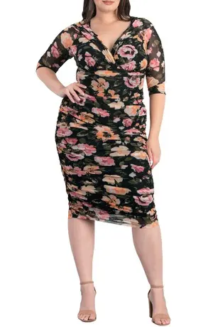 KIYONNA Betsey Ruched Elbow Sleeve Midi Bodycon Dress Black Blossom Print