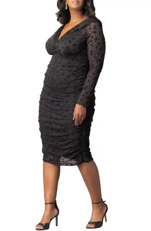 KIYONNA Betsey Ruched Elbow Sleeve Midi Bodycon Dress - Onyx Flocked Florals