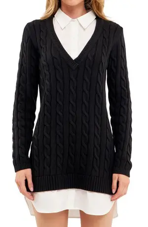 English Factory Mixed Media Cable Stitch Long Sleeve Sweater Dress - Black