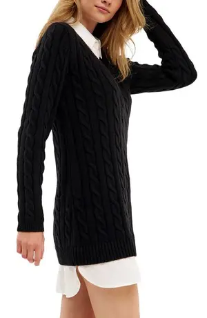 English Factory Mixed Media Cable Stitch Long Sleeve Sweater Dress - Black