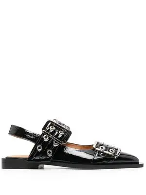 GANNI 20mm Eyelet-detail Leather Ballerinas - Black