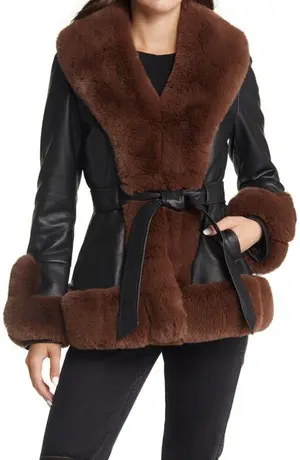 AZALEA WANG Faux Leather And Faux Fur Belted Jacket