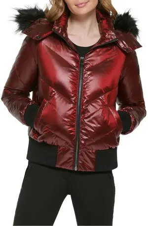 Karl Lagerfeld Paris Chevron Quilted Water Resistant Faux Fur Trim Bomber Jacket