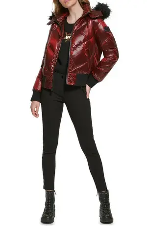 Karl Lagerfeld Paris Chevron Quilted Water Resistant Faux Fur Trim Bomber Jacket