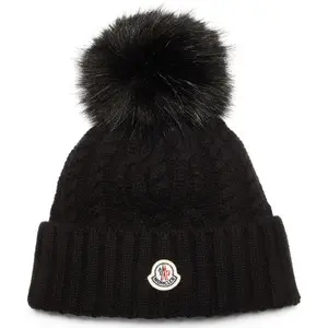 Moncler Virgin Wool & Cashmere Ribbed Beanie With Faux Fur Pompon Black
