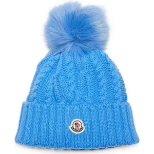 Moncler Virgin Wool & Cashmere Ribbed Beanie With Faux Fur Pompon Blue
