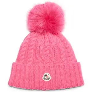 Moncler Virgin Wool & Cashmere Ribbed Beanie With Faux Fur Pompon Pink
