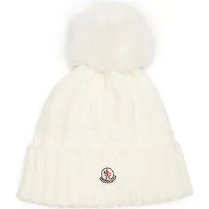 Moncler Virgin Wool & Cashmere Ribbed Beanie With Faux Fur Pompon White