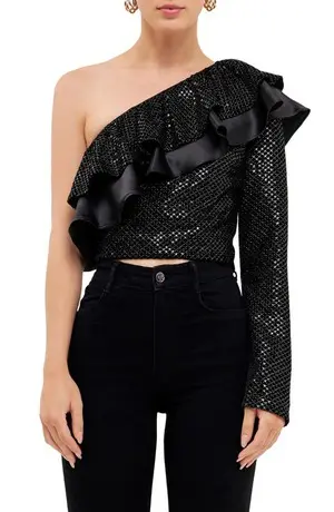 Endless Rose Sequin & Velvet One-shoulder Top - Black