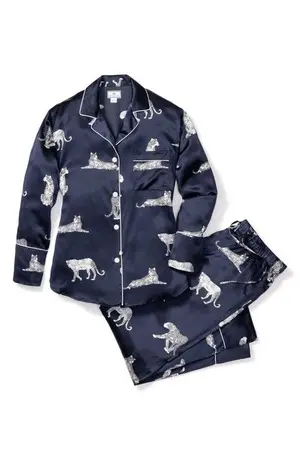 PETITE PLUME Panthre De Nuit Piped Silk Pajamas - Navy