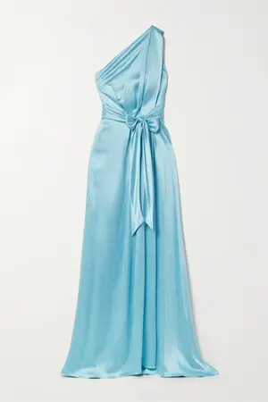 Monique Lhuillier One-shoulder Belted Draped Silk-satin Gown