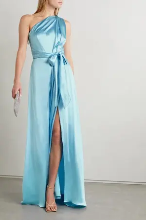 Monique Lhuillier One-shoulder Belted Draped Silk-satin Gown