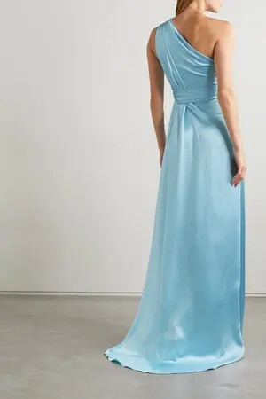 Monique Lhuillier One-shoulder Belted Draped Silk-satin Gown