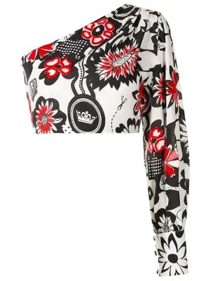AMIR SLAMA Floral-print One-shoulder Blouse - White