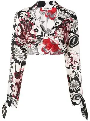 AMIR SLAMA Floral-print Cropped Blouse - Black
