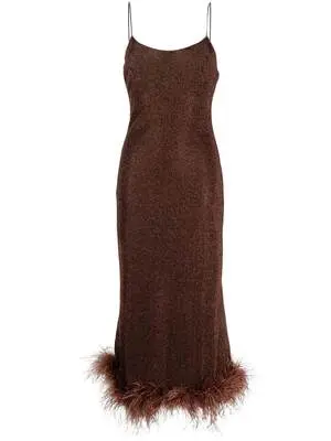 Oseree Feather-trimmed Metaic Sip Dress