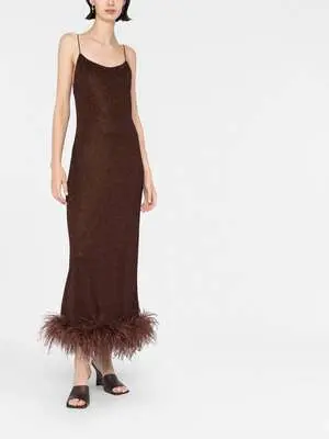 Oseree Feather-trimmed Metaic Sip Dress
