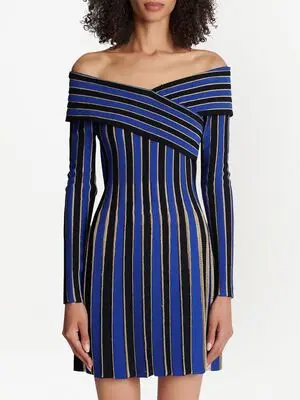 Balmain Striped Off-shoulder Mini Dress