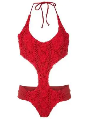 AMIR SLAMA Floral-lace Halterneck One-piece Swimsuit - Red
