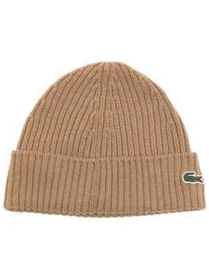 Lacoste Logo-patch Ribbed-knit Beanie - Brown