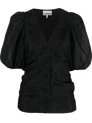 GANNI Puff-sleeve Jacquard Blouse