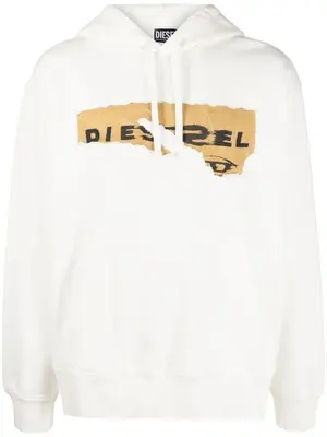 DIESEL® Ripped Logo Print Hoodie - White