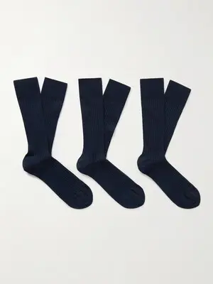 Nn07 Three-pack Ribbed Cotton-blend Socks - Blue