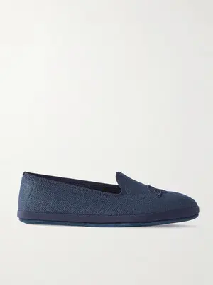 Loro Piana Venice Embroidered Herringbone Cashmere Slippers - Blue