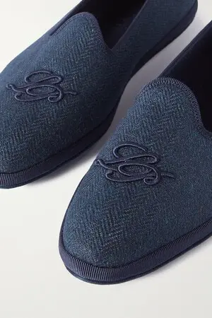 Loro Piana Venice Embroidered Herringbone Cashmere Slippers