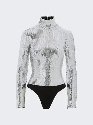 Brandon Maxwell Long Sleeve Sequin Bodysuit - Silver